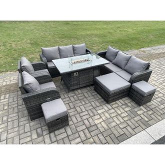 Fimous Polyrattan Gartenm&ouml;bel Set Gas Feuerstelle Esstisch mit Sessel Loveseat Sofa 3 Hockern - Fimous