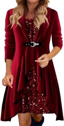 Generic Robe de No&euml;l &agrave; paillettes &agrave; manches longues et col en V pour femme, Rouge, 3XL