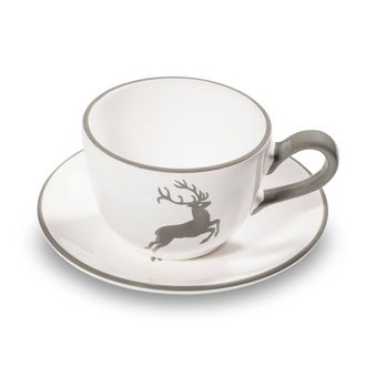 Gmundner Keramik Grauer Hirsch, Kaffeetasse mit Untertasse Cup, handgemacht in &Ouml;sterreich