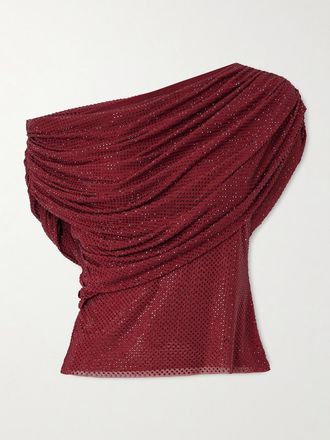 Self Portrait Haut Asymétrique En Résille À Cristaux Et À Drapé - Bordeaux