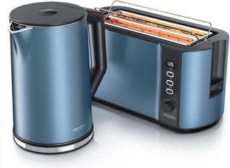Arendo 2-teiliges Fr&uuml;hst&uuml;cksset - Edelstahl Wasserkocher 1,5l, 4-Scheiben Langschlitz Toaster, Blau Matt - Arendo