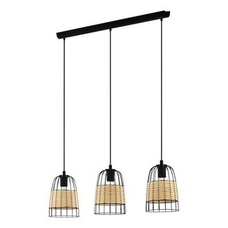 Eglo Pendelleuchte Anwick, 3 flammige Hängelampe Vintage, Boho, Hängeleuchte aus Stahl und Rattan, Esstischlampe, Wohnzimmerlampe hängend in Schwarz, Natur