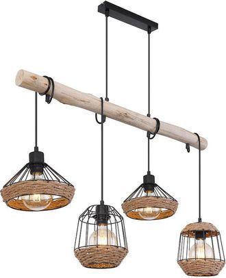Globo Lighting Lampe suspendue poutre en bois lampe suspendue corde de chanvre cage en bois rétro design lampe de salle à manger suspendue 4 ampoules, câble noir