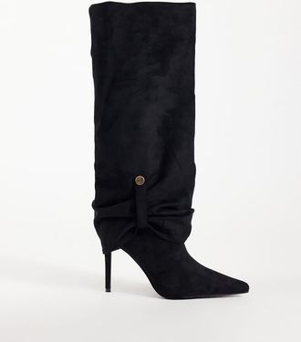 Simmi London Simmi London Serene kniehohe Stiefel mit Raffungen und Golddetail in schwarzer Wildlederoptik