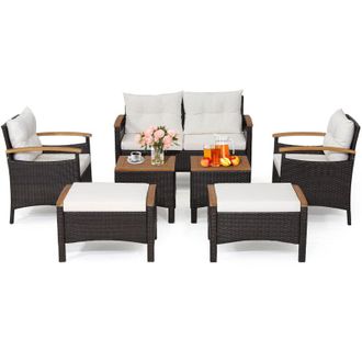 Costway Ensemble de Canap&eacute;s de Patio en Rotin PE 7 Pi&egrave;ces, avec Coussins dAssise et de Dossier, 2 Poufs, 2 Tables Basses, pour Jardin, Terrasse