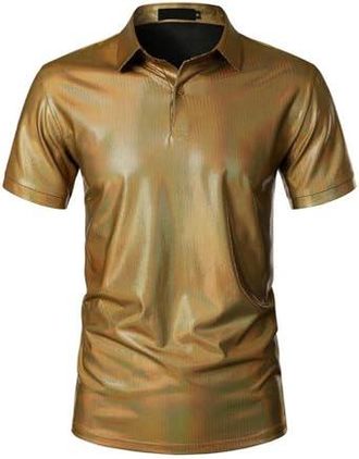 Generic Polo &agrave; paillettes pour homme - Manches courtes - Coupe ajust&eacute;e - Polo brillant ann&eacute;es 70 - Pour club de nuit - Disco - Clubwear - T-shirt m&eacute;tallique &agrave;