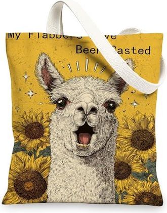 Generic Sac fourre-tout en toile motif lama, motif animal amusant, léger, lavable, vintage, floral, élégant, réutilisable, jaune, 13x15 Inch