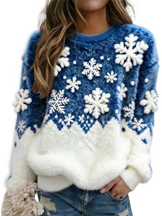 Generic Sweat-shirt de No&euml;l en flanelle avec imprim&eacute; chat pour femme, style d&eacute;contract&eacute;, &eacute;l&eacute;gant, doux et chaud, pull de No&euml;l fantaisie &agrave; col rond, haut de va