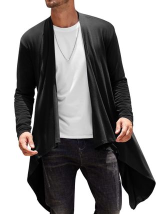 Coofandy Herren-Strickjacke mit R&uuml;schen, Schalkragen, &auml;rmellos, vorne offen, leichte Baumwolle, lange L&auml;nge, schwarz, Mittel