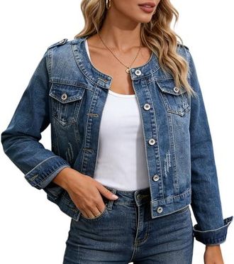 Generic Veste en jean d&eacute;lav&eacute; &agrave; manches longues sans col pour femme, bleu, 5XL