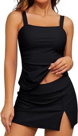 SHEKINI Ensemble tankini élégant pour femme - Ruched ventre plat - Maillot de bain 2 pièces - Tankini haut avec jupe - Grandes tailles, Noir, XXL
