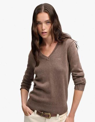 Superdry pull col V d&eacute;lav&eacute; marron fonc&eacute;