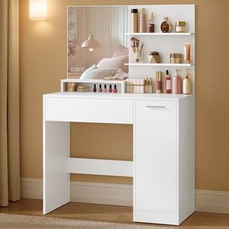 Vasagle Schminktisch, Frisiertisch, mit Spiegel, Aufbewahrungsfach, 2 verstellbare Ablagen hinter der T&Uuml;r, 1 Schublade, 2 Ablagen, wei&szlig; RDT119W01