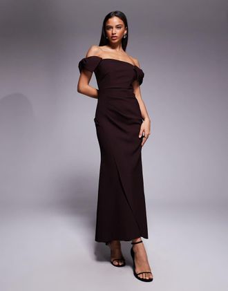 Forever New Robe longue fronc&eacute;e &agrave; encolure bardot - Lie-de-vin-Rouge