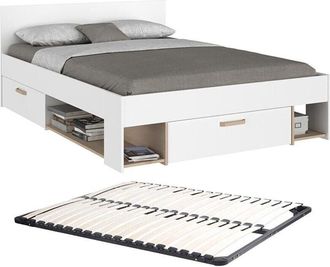 Vente-Unique Vente-unique - Lit 140 x 190/200 cm avec rangements - Blanc et naturel + Sommier - kinselia