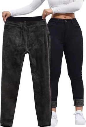 Minetom Jean Hiver Femme Taille Haute Slim Skinny Thermique Jeans Stretch Doubl&eacute; Polaire Chaud Denim Pantalon B Noir S