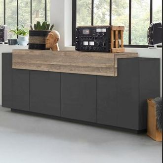 Dmora Kommode Loris, 4-t&uuml;riges K&uuml;chen-Sideboard, Wohnzimmer-Buffet, 100% Made in Italy, 220 x 45 x 86 cm, Anthrazit und Ahorn