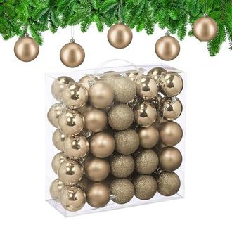 Relaxdays Weihnachtskugeln 50er Set, Kunststoff, D: 6 cm, runde Weihnachtsbaumdeko, Baumschmuck bruchsicher, Champagner