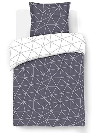 Vision Streetwear Parure de lit R&eacute;versible 100% Coton - Hugo Gris/Blanc - Set de Housse de Couette 140x200 cm avec 1 taie doreiller pour lit 1 Personne - Fibres Naturel