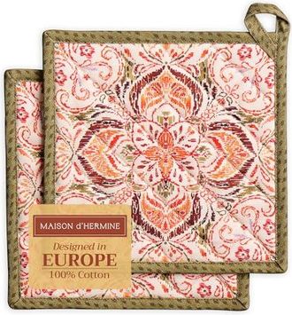 Maison d'Hermine Maison dHermine Maniques Lot de 2 maniques, 100 % coton, avec noeud, r&eacute;sistants &agrave; la chaleur, pour la cuisine, micro-ondes, barbecue, motif Damas - Ac