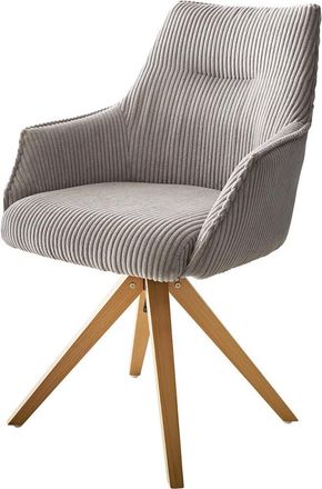 DELIFE Esszimmerstuhl Alja-Flex mit Armlehnen Holzgestell kantig Natur Cord Silbergrau 180&deg; drehbar Taschenfederkern