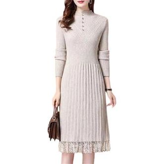 Generic Robe en tricot polaire pour femme - Robe &eacute;l&eacute;gante en dentelle &eacute;paisse, abricot, L