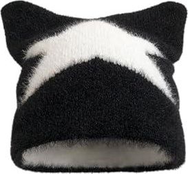 Generic Bonnet dhiver chaud en tricot avec oreilles de chat pour adultes et femmes avec motif &eacute;toile et casquette en tricot &eacute;l&eacute;gante, Noir, A
