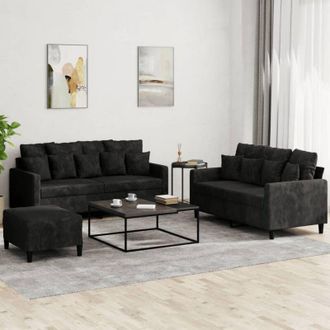vidaXL Vidaxl - Ensemble de canap&eacute;s 3 pcs velours noir - 2 canap&eacute;s 2 places 120/140 cm - 7 grands coussins - Repose-pied inclus - Design compact