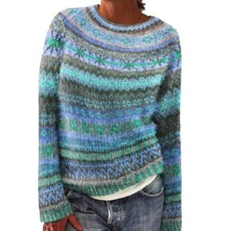 Generic Pull pour femme - Imprim&eacute; vintage - Col rond - Pull surdimensionn&eacute; en tricot &agrave; manches longues - Pull habill&eacute; tendance &agrave; rayures - Confortable - Doux 