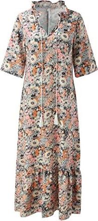 Generic Robe Longue Femme Ete, Robe Blanche Femme Col V-Franges Robe de Plage Femme de Mode Sexy Robe Décontractée de Couleur Unie Dress Casual Ample Soiree F