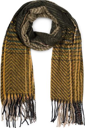 styleBREAKER Damen Feinstrick Schal mit bunt gestreiftem Zick-Zack Muster und Fransen, warme Winter Stola mehrfarbig 01017149, Farbe:Oliv-Camel