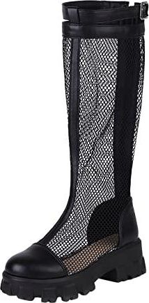 Generic Bottes mi-mollet pour femme Printemps et &eacute;t&eacute; Mode Maille Bottes Couleur unie &Eacute;pais Confortable Talon carr&eacute; Cuir Bottes de cowboy, Noir, 38.5 EU