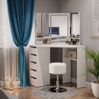 Vicco Eckschminktisch Weiß Arielle 110x141.5x54 cm - Frisiertisch für die Ecke, Spart Platz und nutzt Zimmerecken optimal aus