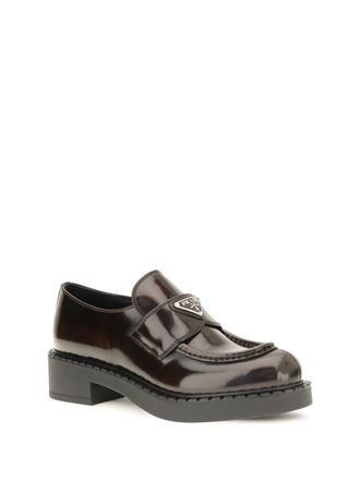 Prada Womens Leather Logo Loafers Bruciato