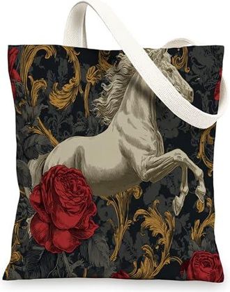 Generic Sacs fourre-tout en toile motif floral de cheval, sacs à provisions réutilisables, légers et lavables avec bandoulière, noir, 13x15 Inch
