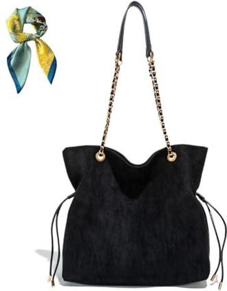 Generic Women Faux Suede Slouchy Tote with Chain Strap,Retro Large Brown Shoulder Bags,Drawstring Fall Purse Crossbody Bag (Black)