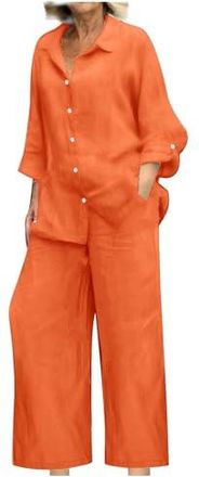 Generic Ensemble 2 pi&egrave;ces en lin pour femme 2024, chemises amples &agrave; manches longues, jambes larges, pantalon assorti, tenues de vacances grande taille, combin