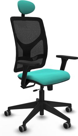 Piqueras y Crespo Stuhl mit 3D-Armlehnen, h&ouml;henverstellbarer Lendenwirbelst&uuml;tze und festem Kopfteil, ausgestattet mit Syncro/Traslack und Schneideschaum. Schwarz/T&uuml;rkis