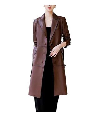Generic Manteau long en cuir v&eacute;ritable pour femme - Manteau &agrave; lacets en peau de mouton mi-longue coupe ajust&eacute;e Trench Coat pour printemps automne, marron, S