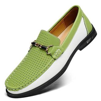Generic Mocassins classiques en cuir pour homme avec boucle en métal bicolore pour la marche, les affaires, Vert creux, 40 2/3 EU