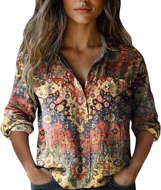 Generic Chemisier &agrave; manches 3/4 pour femme - Col en V - Avec boutonni&egrave;re - Vintage - Imprim&eacute; - Chemise d&eacute;t&eacute; d&eacute;contract&eacute;e - Chemise de plage originale - Chemis