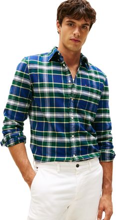 Tommy Hilfiger Lang&auml;rmeliges Herrenhemd mit Knopfleiste und Schottenkaro, Normale Passform, Ornamentgr&uuml;n/kariert, XXL