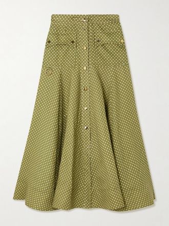 Zimmermann Luna Embellished Polka-dot Linen Midi Skirt - Green