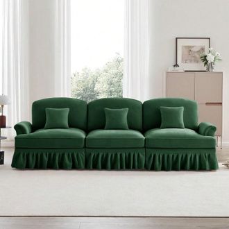 Generic Gr&uuml;nes Raupen-3-Sitzer-Sofa aus der Mitte des Jahrhunderts - Trichterarmlehnen, Abnehmbarer R&uuml;schenrock und Spindelf&uuml;&szlig;e f&uuml;r Zeitlose Eleganz