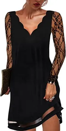 Minetom Femmes Col V Robe à Manches Longues Tunique Élégant Couleur Unie Dentelle Soirée Fête Cocktail Mini Shirt Robes C Noir XXL