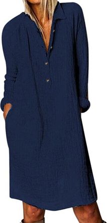 ORANDESIGNE Sommerkleid Leinen Kleider Damen Lang Blusen Casual Baumwoll und Leinen Langarm Kleid Halbarm Kleid mit Taschen Hemdkleid C Blau 42