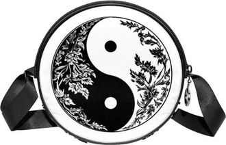 Generic Petit sac &agrave; bandouli&egrave;re rond pour femme, motif feuilles de Yin Yang, sac &agrave; dos avec fermeture &eacute;clair, bretelles r&eacute;glables, sac &agrave; main rond d&eacute;contract&eacute;