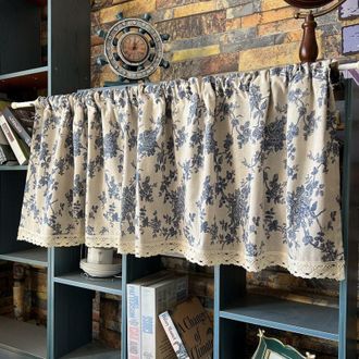 A.Monamour Gardine Scheibengardinen Kurzstores Bauernhaus Baumwolle Leinen Blau Geblümt Semi Verdunkelung Kurzvorhang Kurzgardinen Küchengardine Küche Vorhang Fe