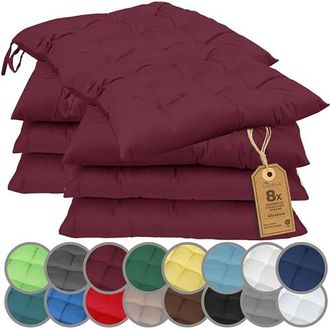 NatureMark Lot de 8 Galettes de Chaises avec Rubans 40x40 cm - Coussin de Chaise &Eacute;pais pour Int&eacute;rieur & Jardin - Couleur Bordeaux Rouge