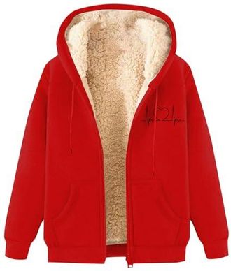 Generic Vestes pour femmes et hommes et fermeture &eacute;clair &agrave; capuche en polaire avec poches Motif battements de coeur 2026, Rouge, 3XL